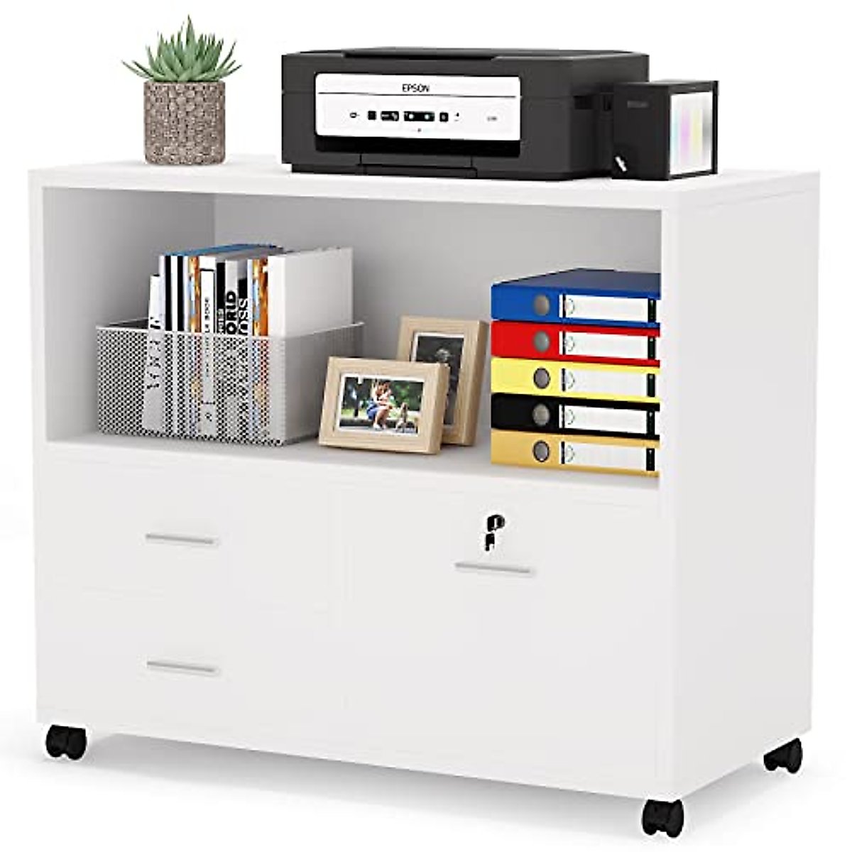 Tribesigns 3 Drawer File Cabinet with Lock, Mobile Lateral Filing Cabinet with Rolling Wheels, Large Printer Stand with Open Storage Shelves for Home Office (White)