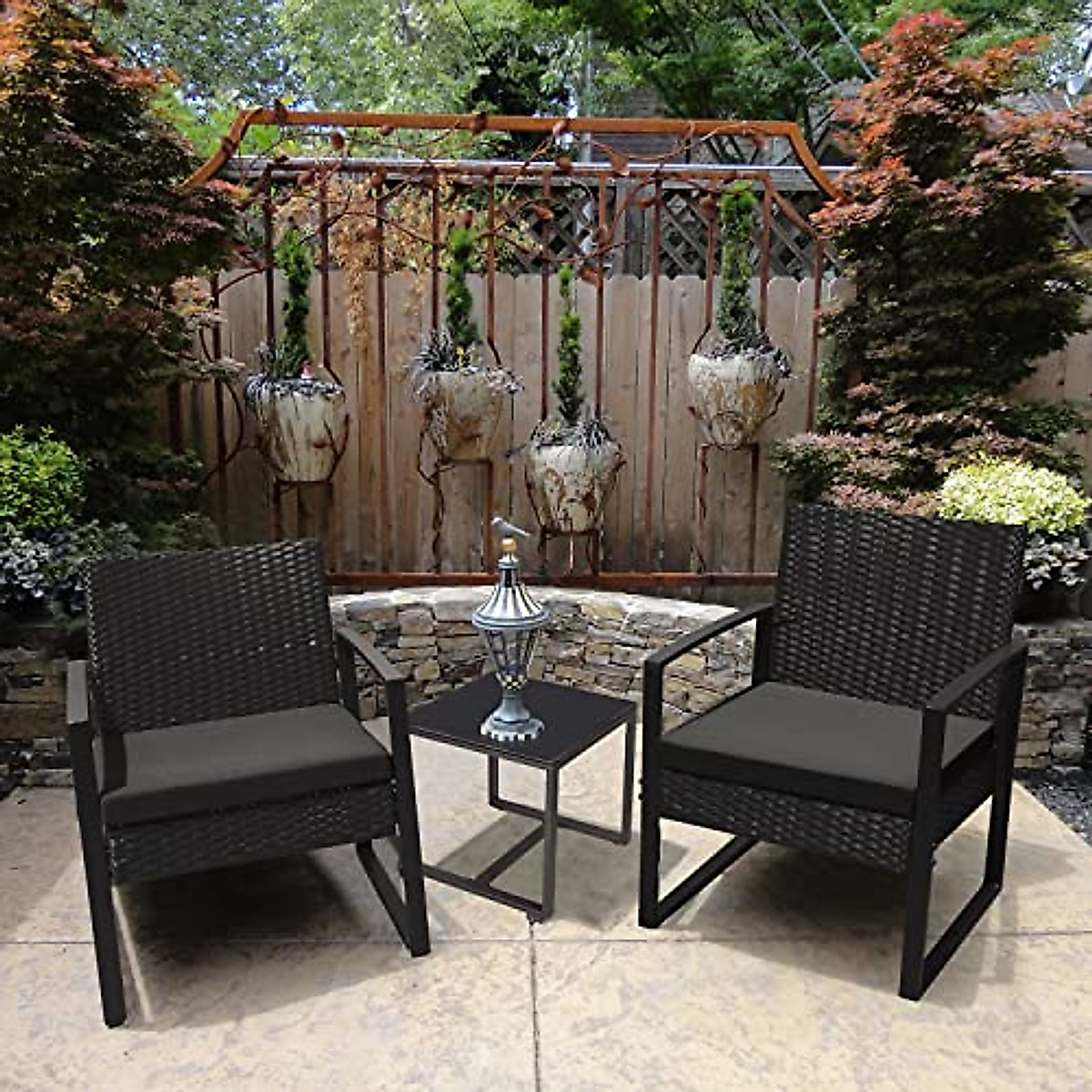 Homall Balcony 3 Piece Furniture Table Garden Backyard Outdoor Patio Use Porch Chairs Cushioned PE Wicker Bistro Set Rattan (Black)