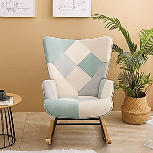 KGOPK Accent Rocking Chair, Mid Century Fabric Rocker Recliner Chairs with Wood Legs and Patchwork Linen for Livingroom Bedroom, Blue