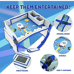 Thr33E Car Seat Kids Travel Tray - Travel Lap Desk Active Accessory for Child’s - Kids Tablet iPad Holder Stand Art Storage Pockets (Blue)