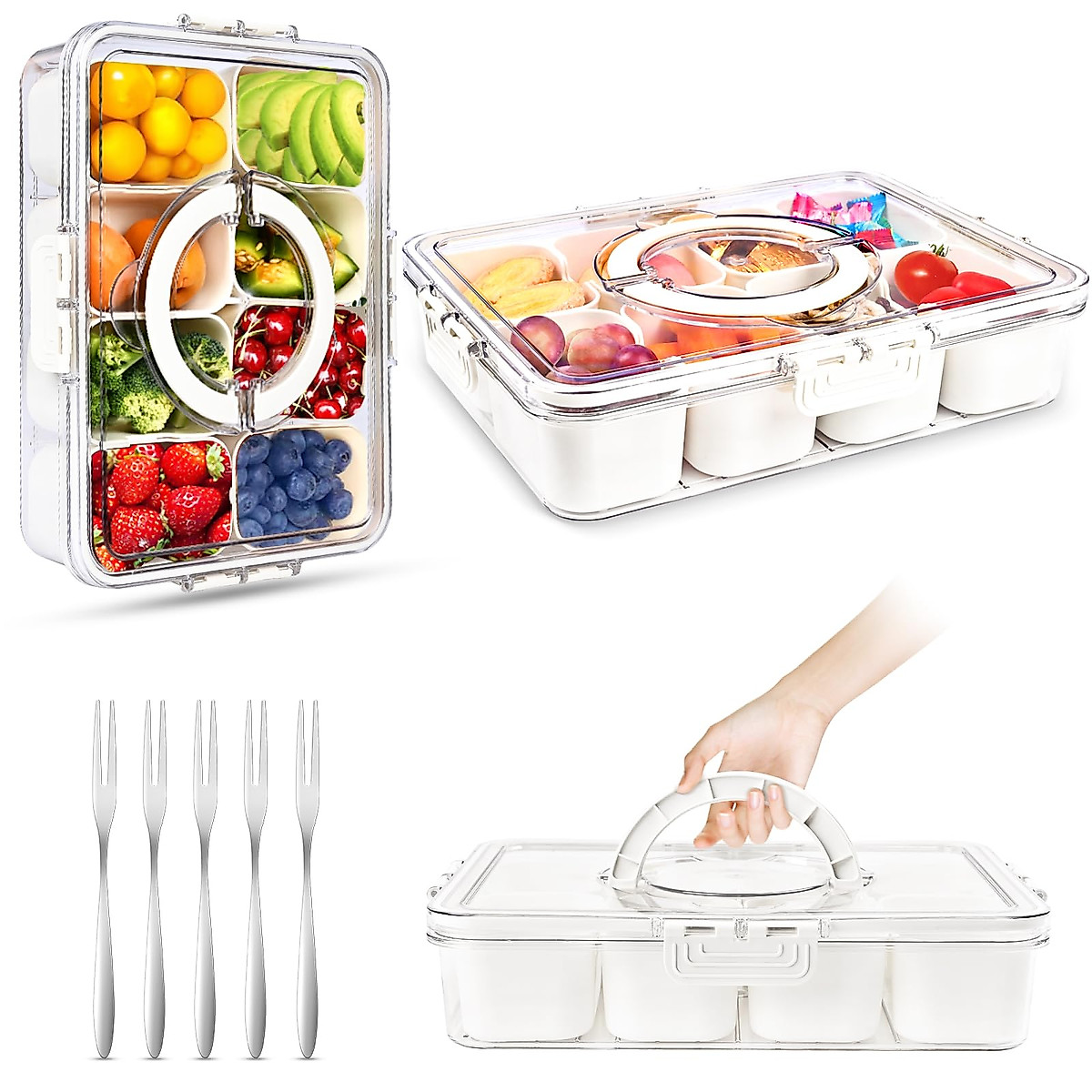 Snackle Box Container,Snack Box Charcuterie Container with 8 Compartments & 5 Forks,Divided Serving Veggie Tray with Lid and Handle,Travel Food Storage Containers for Fruits, Nuts, Cookies, Candies