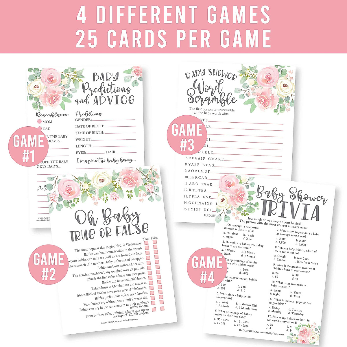 Hadley Designs Floral Baby Shower Games For Girls - 50 cards, Two 25-game sets, 4 Games Double Sided, Baby Prediction And Advice Cards, Baby Trivia, True Or False Baby Game, Baby Word Scramble Game