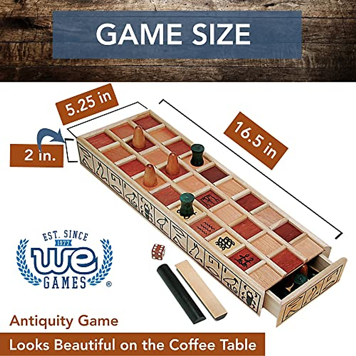 WE Games Senet Ancient Egyption Wooden Board Games, Strategy Board Game for Kids and Adults, Table Top Board Game with Built in Storage, with 10 Player Pieces, Keepsake Quality Desktop Game
