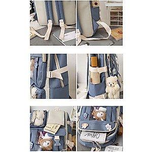 Kawaii Aesthetic School Backpack 5Pcs Combo Set with Cute Bear Pendant Pins Daypack Small Laptop School Bag Essential Kit (Green)