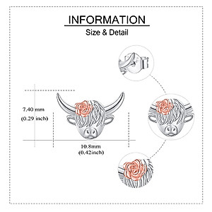 YAFEINI Highland Cow Gifts Earrings Sterling Silver Highland Cow Head with Rose Flower Studs Cow Jewelry Valentines Day gifts for Women