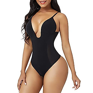 FeelinGirl Shaperwear for Women Tummy Control Body Shaper Waist Trainer Corset U Plunge Fajas Colombianas Low Back Bodysuit Black M