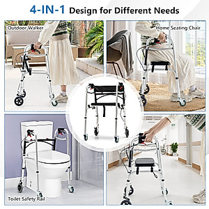 GYMAX Walkers for Seniors, 2-Button Folding Walker with 5” Lockable Wheels, Padded Seat & Trigger Release, 350lbs Height Adjustable Standard Walker, Foldable Rolling Adult Walker