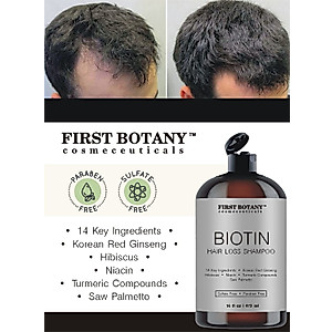 First Botany Cosmeceuticals, Hair Regrowth and Anti Hair Loss Shampoo 16 fl oz, with DHT blockers- Daily Hydrating, Detoxifying, Volumizing Shampoo For Men and Women
