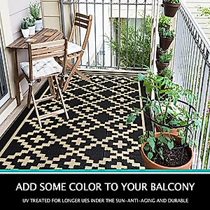 Capslpad Outdoor Rug 4'x6' Waterproof Plastic Straw Patio Rug Reversible Mat UV Resistant Outdoor Area Rug for Patio Backyard Terrace Deck Beach Picnic Balcony BBQ,Black and Beige