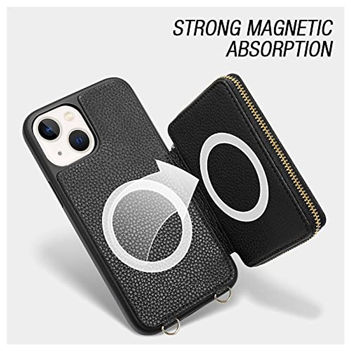 ZVE for iPhone 14 Plus Crossbody Wallet Case for Magsafe, Magnetic Phone Case with RFID Blocking Card Holder Wrist Strap for Women, Zipper Leather Cover for iPhone 14 Plus, 6.7"-Black
