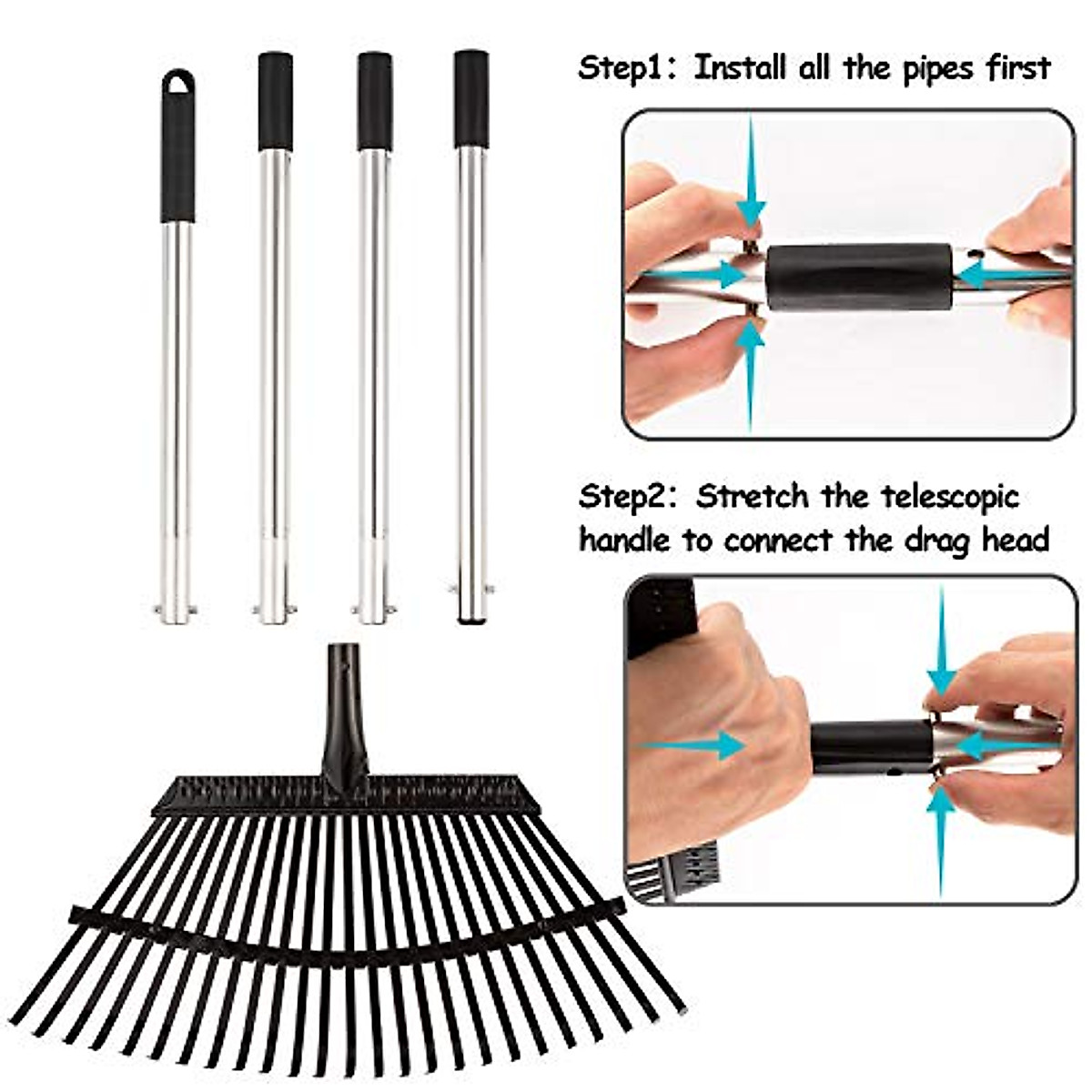 63” Garden Leaf Rake 38”-63”Adjustable Garden Rake,25 tines, Metal Rake for Quick Clean Up of Lawn and Yard