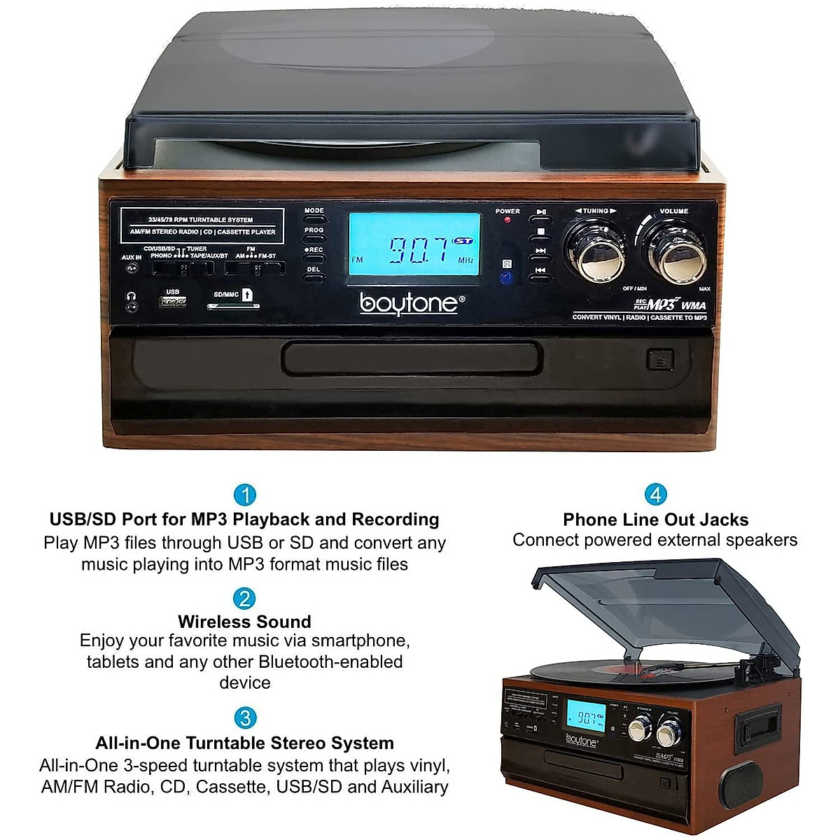 Boytone BT-22MS, Bluetooth Record Player Turntable, AM/FM Radio, Cassette, CD Player, 2 Built in Speaker, Ability to Convert Vinyl, Radio, Cassette, CD to MP3 Without a Computer, SD Slot, USB, AUX