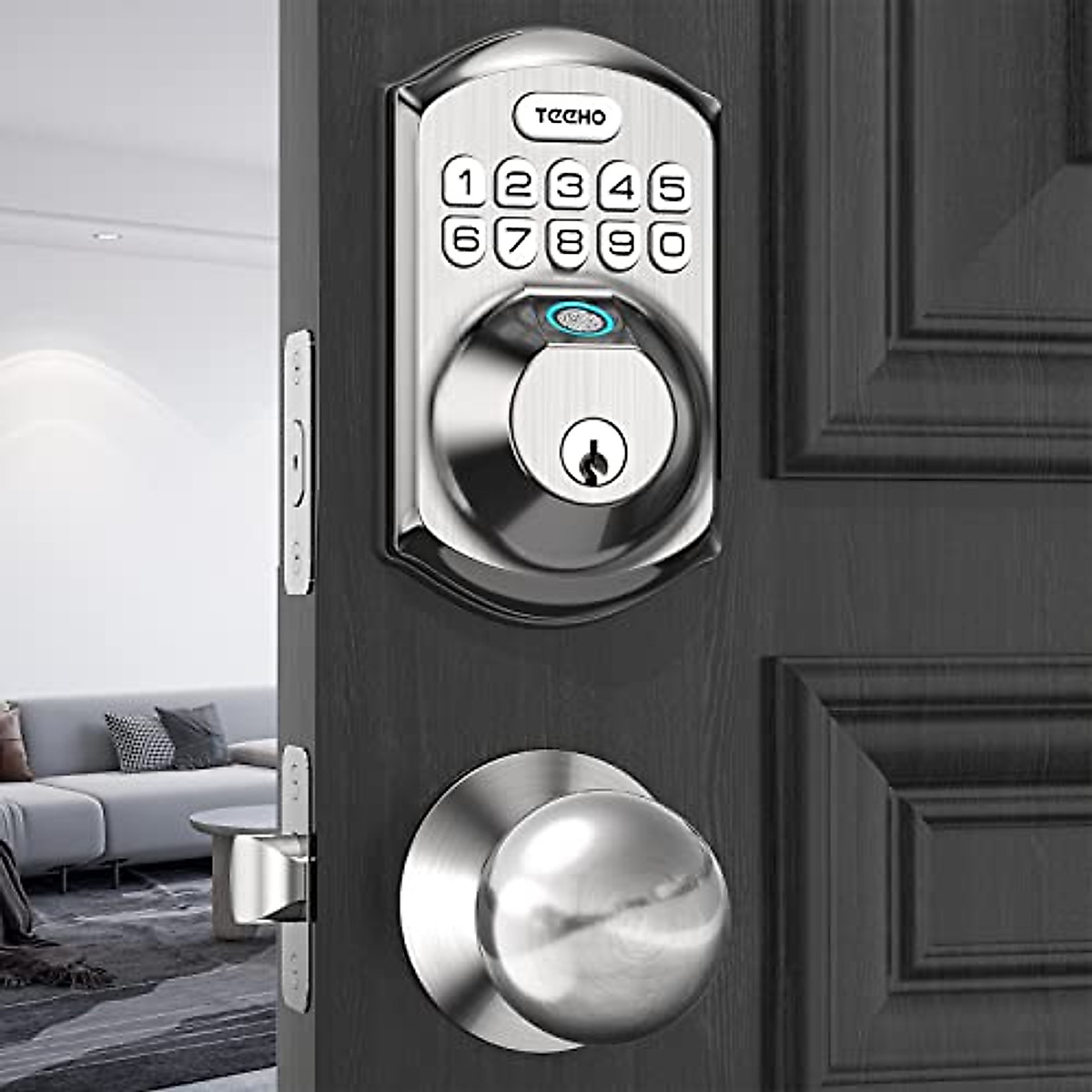Fingerprint Door Lock Set - TEEHO Keyless Entry Door Lock with Handle - Door Knob with Keypad Deadbolt - Smart Locks for Front Door - Auto Lock - No Need App - Easy Installation - Satin Nickel