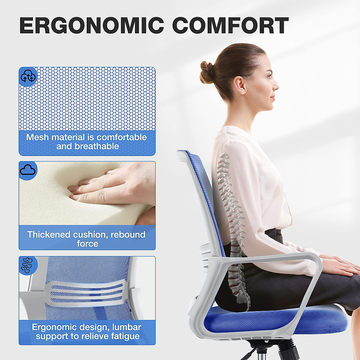 Office Chair - Ergonomic Office Chair Mid Back Office Desk Chair with Wheels Computer Chair with Lumbar Support Home Office Chair with Armrests for Adults, Blue