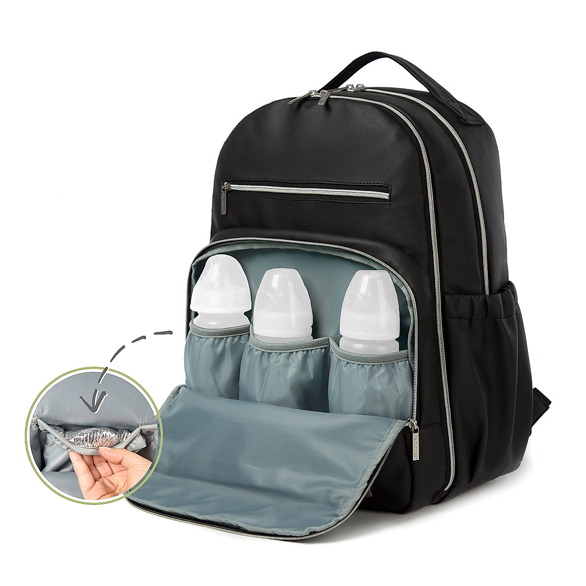 KeaBabies Large Waterproof Diaper Backpack - Vegan Leather, Stylish, Multifunctional Baby Diaper Bags, Travel Back Pack, Maternity Baby Changing Bags, Unisex Nappy Changing Bag, Black Diaper Backpack