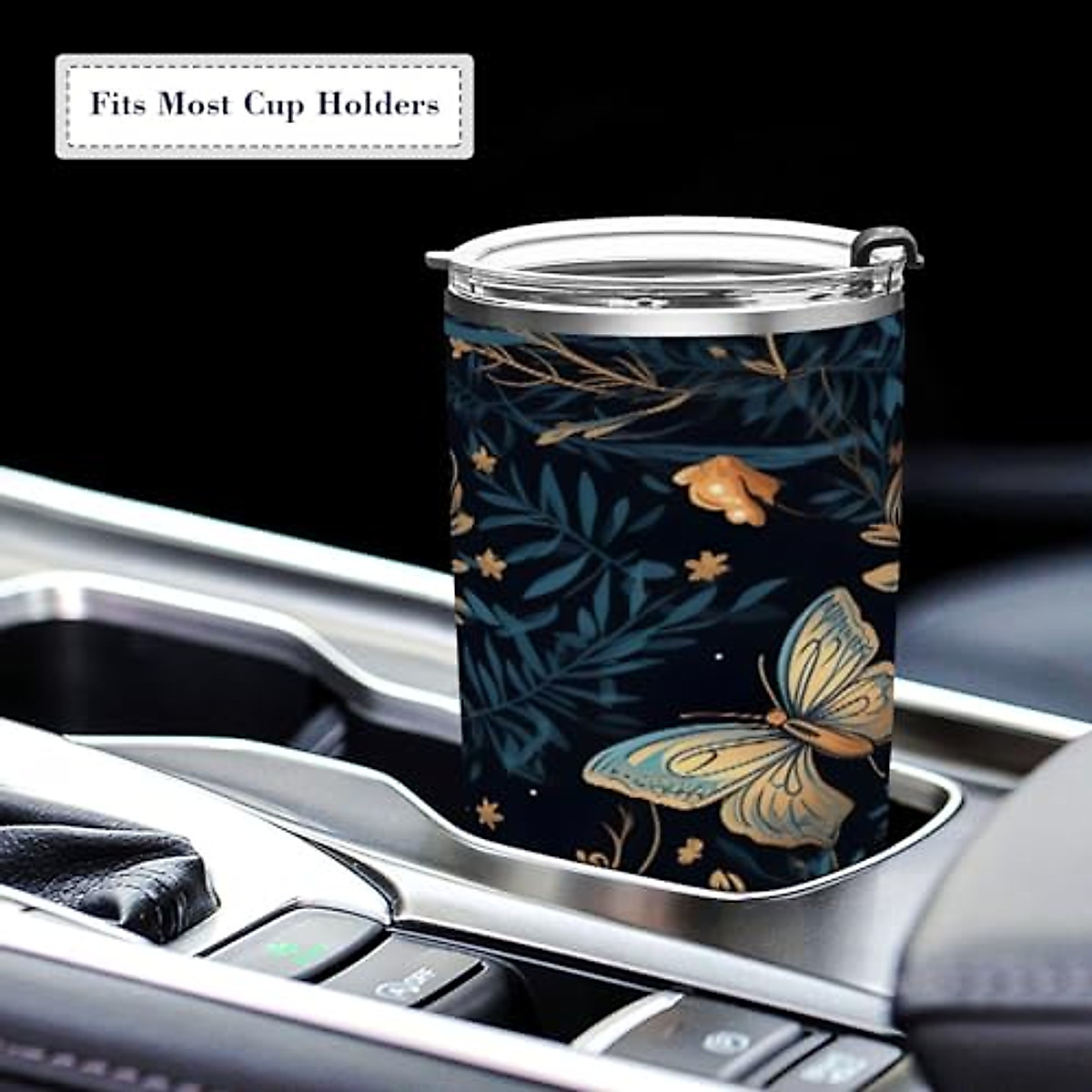 Wassud Gold Blue Butterfly 20 oz Tumbler with Lid and Straw Stainless Steel Double Wall Vacuum Tumblers Insulated Travel Coffee Mug for Cold and Hot Drinks