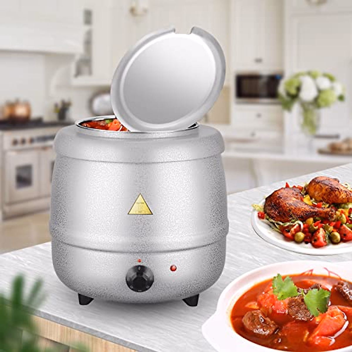 Valgus Commercial 10.5QT Soup Kettle, Electric Countertop Food Soup Warmer with Stainless Steel Hinged Lid and Detachable Pot for Home, Catering, Restaurants, Silver