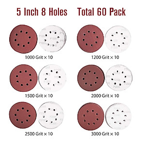 LotFancy 5 Inch 8 Hole Sanding Disc - 60PCS 1000 1200 1500 2000 2500 3000 Grit Assorted, Random Orbital Sander Pads, Hook and Loop Sandpaper