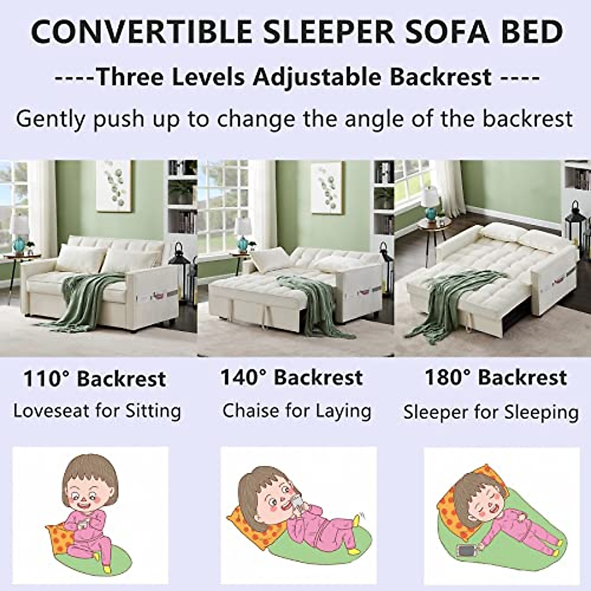 Infirleo Pull Out Sofa Sleeper, 3-in-1 Convertible Sleeper Sofa Bed for Living Room Apartment, 58" Velvet Sleeper Loveseat Pull Out Bed, Adjustable Backrest, 2 Pillows and Side Pockets (Beige)