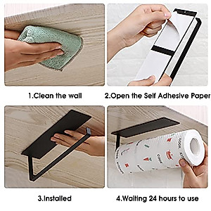 Self Adhesive Paper Towel Holder, Under Cabinet Paper Towel Holder for Kitchen, Stainless Steel Hanging Paper Towel Holder (Black)