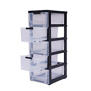 5 Drawer Storage Organizer, Vertical Storage Tower, Plastic Storage Dresser for Clothes Toys, Large Capacity Plastic Drawers Stackable, Storage Cabinet Drawers Organizer, Transparent