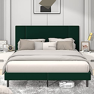 Flolinda King Size Bed Frame, Upholstered Bed Frame with Tall Tufted Velvet Headboard, Heavy Duty Metal Mattress Foundation with Wooden Slats, King Bed Frame No Box Spring Needed, Easy Assembly