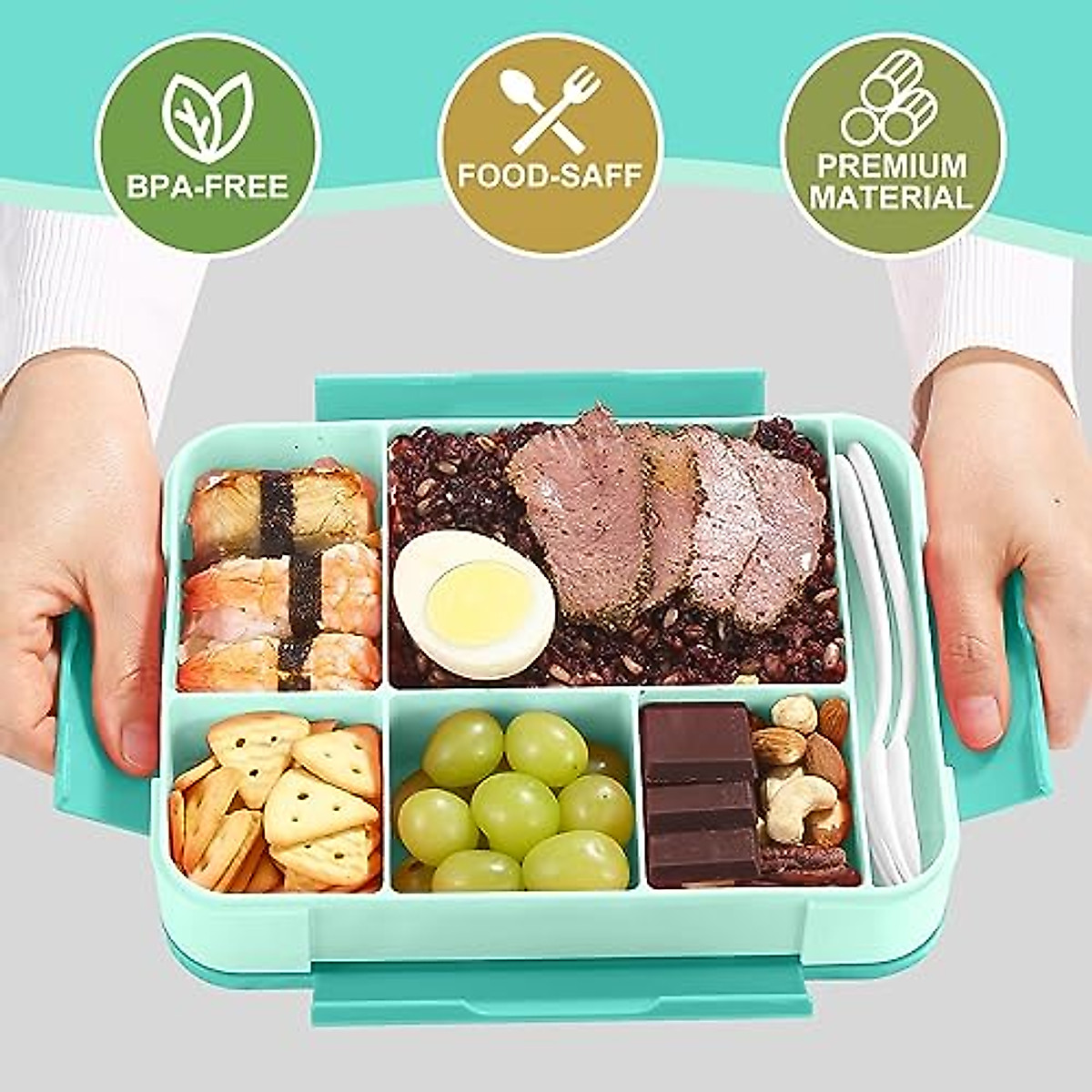 LOVINA Bento Box for Adult Kids, Stylish Teens Adult Lunch Box Containers With 5 Compartments, Durable, Microwave/Dishwasher Safe, BPA-Free, Perfect for On-the-Go Meal(Cyan)