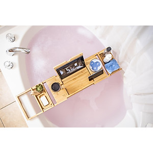 XcE Bathtub Caddy Tray Expandable to 105cm with Bamboo Book Stand and Soap Tray, Natural