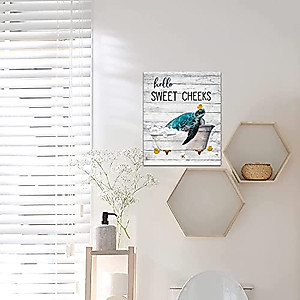 citari Sea Turtle Bathroom Wall Art Teal Sea Turtle Pictures Funny Sea Turtle in Bathtub Canvas Painting Print Artworks Coastal Beach Themed Ocean Animal Nautical Bathroom Decor Framed12''x16''