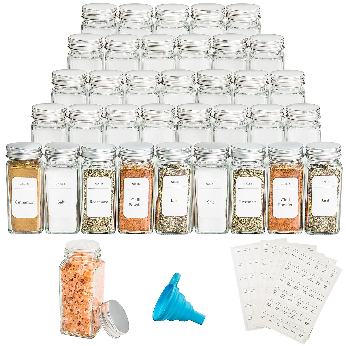 UMEIED 36pcs Glass Spice Jars with 216pcs Spice Labels, 4Oz Empty Square Glass Jars Glass Spice Containers with Shaker Lids & Metal Caps, Square Seasoning Jars Bottles for Spice Rack, Cabinet, Drawer