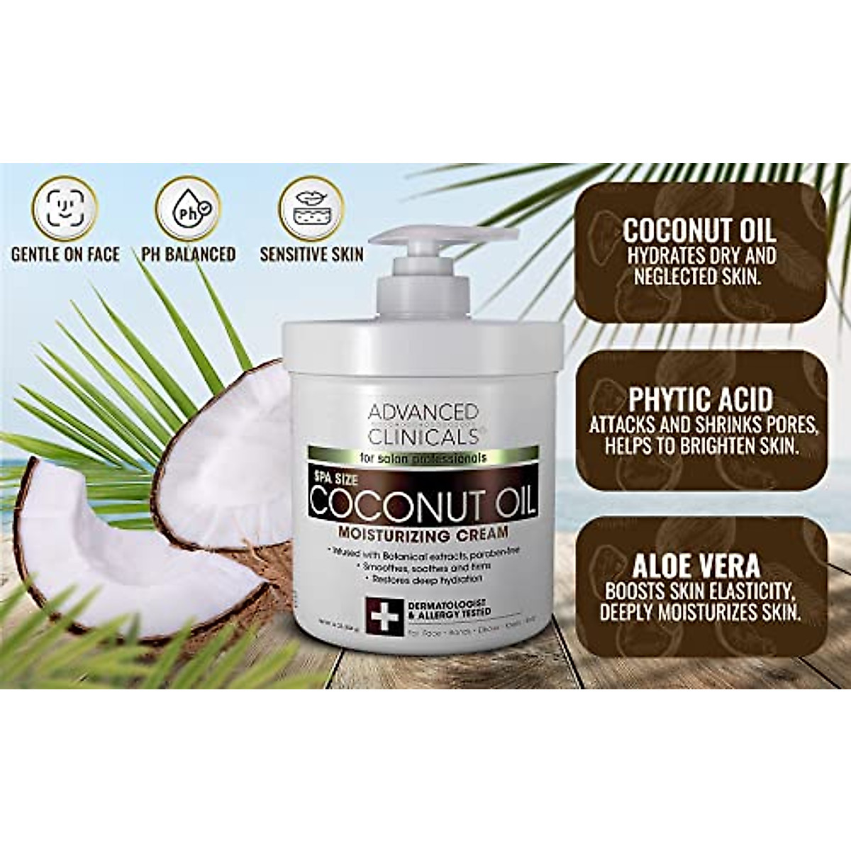 Advanced Clinicals Coconut Oil Cream Face & Body Anti Aging Moisturizing Skin Care Lotion, Intense Firming Coconut Oil Moisturizer Skincare Balm For Age Spots, Dry Skin & Sun Damaged Skin, Large 16Oz