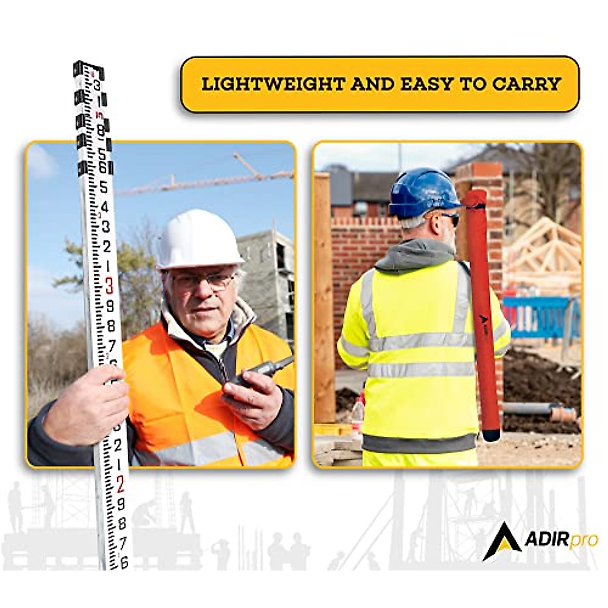 AdirPro 16-Foot Aluminum Grade Rod - 10ths, Dual Sided 5-Section Telescopic Leveling Rod – Bubble Level and Soft Carrying Case Included