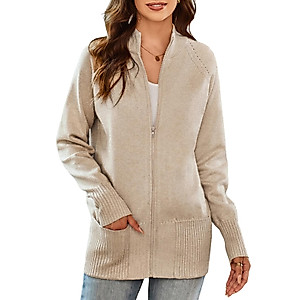 GRACE KARIN Zip Up Cardigan Sweaters for Women Stand Collar Long Sleeve Chunky Knit Full Zip Sweaters Jackets for Women Office Wear L Apricot