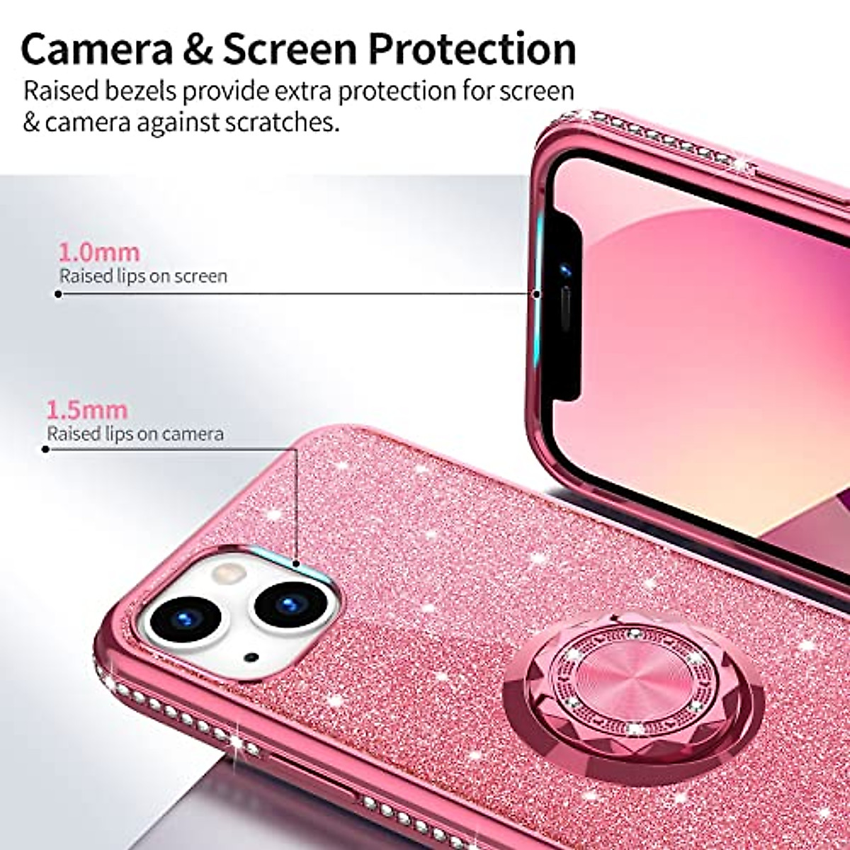 OCYCLONE for iPhone 13 Case, Glitter Sparkle Diamond Cover with Ring Stand Protective Phone Case Compatible with 6.1 inch iPhone 13 Case for Women Girls - Pink
