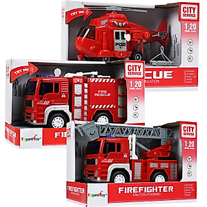 TeganPlay Fire Truck 3 Pack Friction Powered Fire Rescue Vehicle Car Set with Lights and Sounds Including Helicopter, Firefighter and Fire Engine Toys for Boys Toddlers