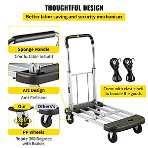 VEVOR Platform Truck Foldable,Compact Push Cart Adjustable Length, Aluminum Folding Cart Telescoping Handle with 4 Wheels ,330 LBS Capacity