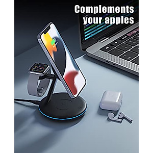 Magnetic Wireless Charger 3 in 1, PEXXUS 15W Fast Mag-Safe Charger Stand Wireless Charging Station for iPhone 14 13 12 Pro/Max/Mini,AirPods Pro/3/2, Apple Watch 7/6/SE/5/4/3/2(QC3.0 Adapter Included)