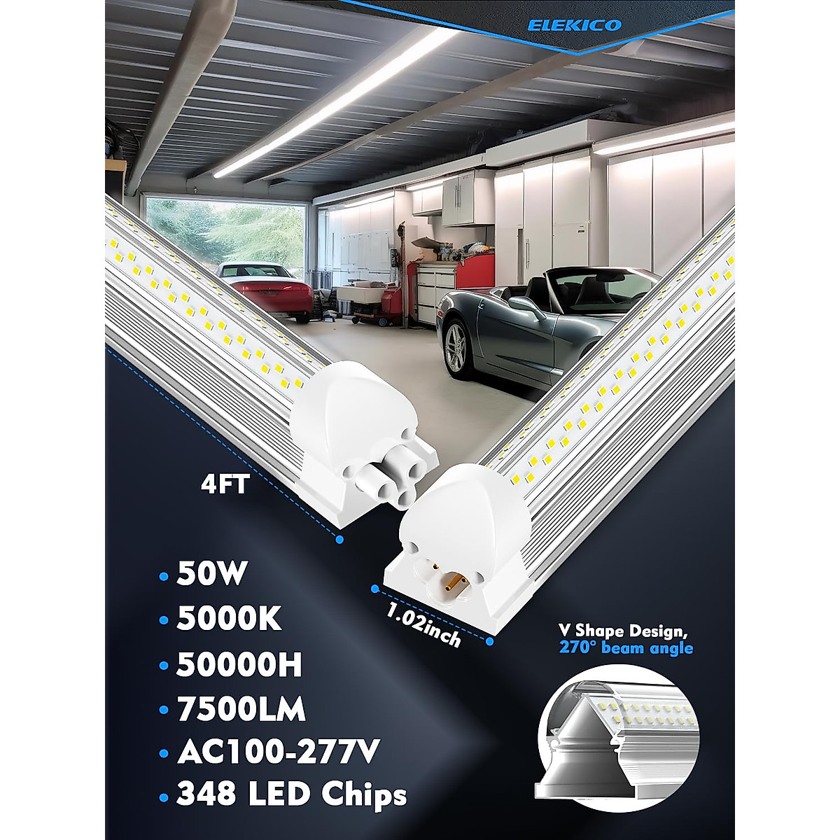 ELEKICO 6 Pack 50w 4ft Led Shop Light, Super Bright 7500lm 5000k V Shape 4' Led Shop Lights, Linkable 4 Foot Led Shop Lights for Garage Warehouse, Supermarket, Basement, Barn, Storage Area