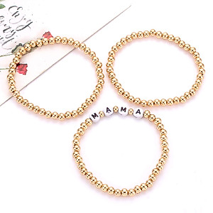 CEALXHENY Ball Bead Bracelets for Women Brass Bead Ball Chain Stretch Bracelets MAMA Letter Bangle Bracelets Gold Layering Bracelet Set Mother’s Day Thanksgiving Gifts (Letter MAMA)
