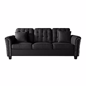 86.6” Flare Arm Polyester Upholstered Sofa with 2 Pillows - 3-Seater Couch for Living Room, Bedroom, Lounge, Office - Contemporary Design, Home Decor Furniture Accessory (Black)