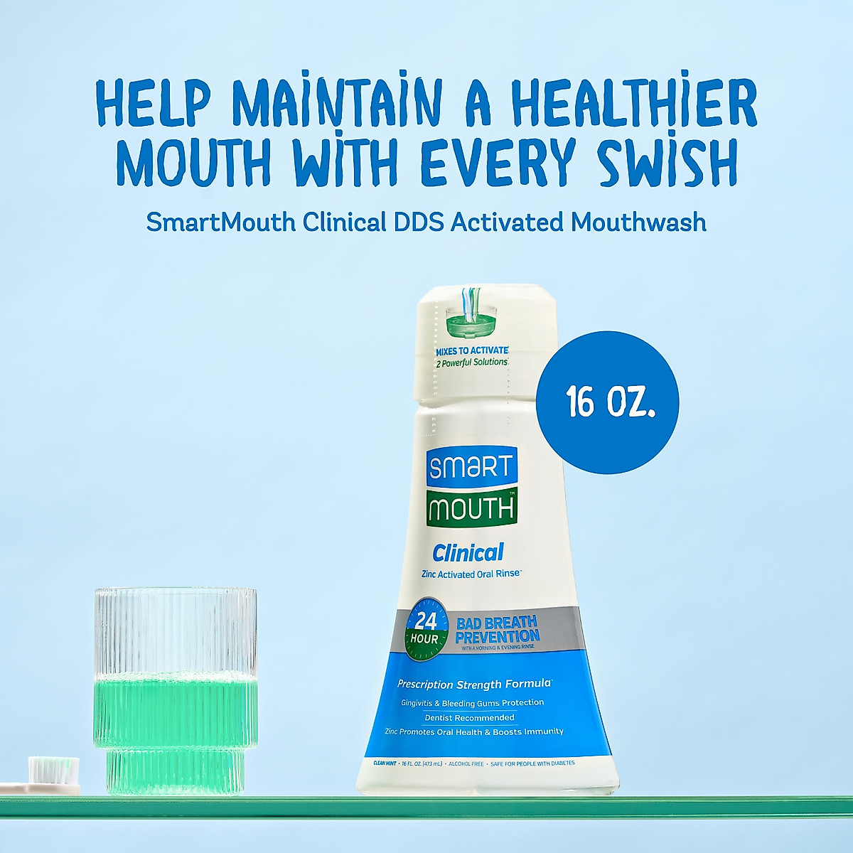 SmartMouth DDS Activated Clinical Mouthwash - Adult Mouthwash for Fresh Breath - Clinical Strength Mouthwash for Gum Health, Gingivitis & More - Clean Mint Flavor, 16 fl oz