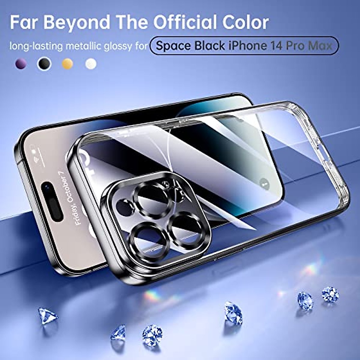 for iPhone 14 Pro Max Case 𝟮𝟬𝟮𝟯 𝗡𝗘𝗪 with Full Camera Protection, [Far Beyond Official Color] [Military Grade Drop Tested] Metallic Glossy Clear Case Designed for Women Men 6.7”, Phantom Black