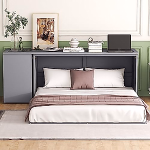 Livavege Queen Size, Space-Saving Hidden Rotatable Desk and Storage Shelves, 3 in 1 Floor Murphy Bed Cabinet for Multipurpose Guest Room Home Office, Grey