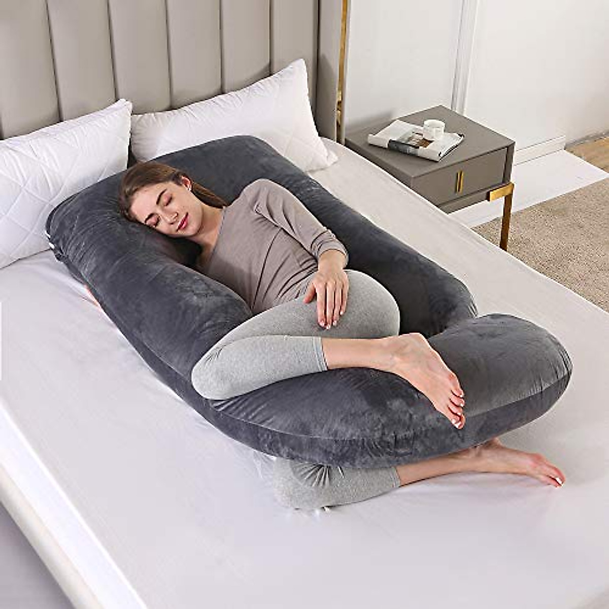 CDEN Pregnancy Pillow, J Shaped Full Body Pillow 57", Maternity Pillow Support for Back, Legs, Neck, HIPS for Pregnant Women with Removable Washable Velvet Cover(Darkgrey)