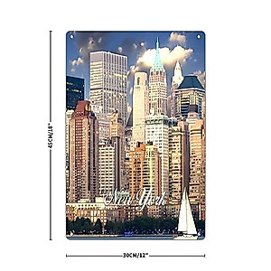 Personalized Metal Tin Sign Skyline New York City Landscape Home Décor Garage Signs for Front Door Outside House USA Street Painting State Building Art Poster Gift for Bathroom 12x18in
