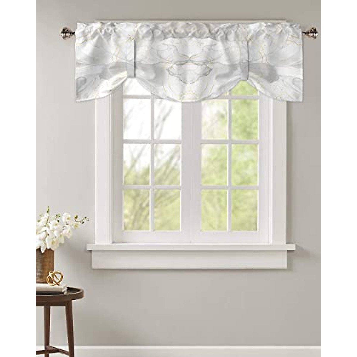 Tie Up Valance Curtains Abstract White Grey Marble Stone Kitchen Cafe Valances for Windows,Rod Pocket Adjustable Balloon Window Shades for Living Room Bathroom Natural Agate with Gold Line,1 Panel