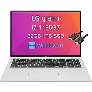 LG Gram 17 17Z95P Ultra-Lightweight 17" QHD+ IPS (Intel i7-1195G7, 32GB RAM, 1TB PCIe SSD) Military Grade Business Laptop, 19.5hr Battery, Backlit KB, 2 x Thunderbolt 4, Webcam, Windows 11 Home