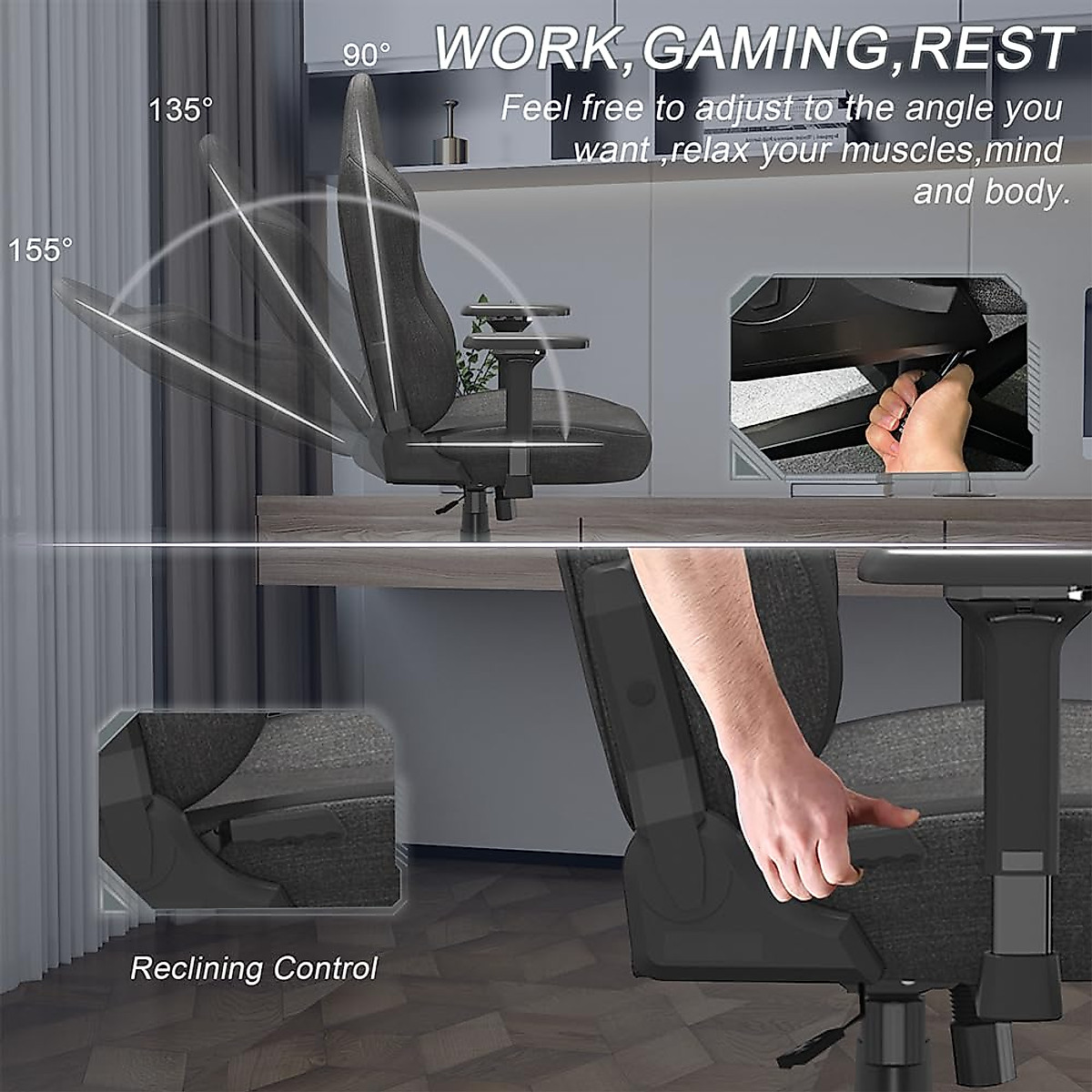 Gaming Chair Breathable Fabric Office Chair 4D Armrests, High Back Ergonomic Computer Chair with Premium Breathable Cloth Cushion and Headrest Lumbar Support Grey
