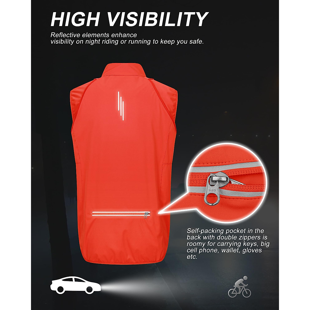 33,000ft Men's Cycling Jacket Long Sleeve, Waterproof Running Bike Vest Outerwear Reflective Windproof Sleeveless Jacket