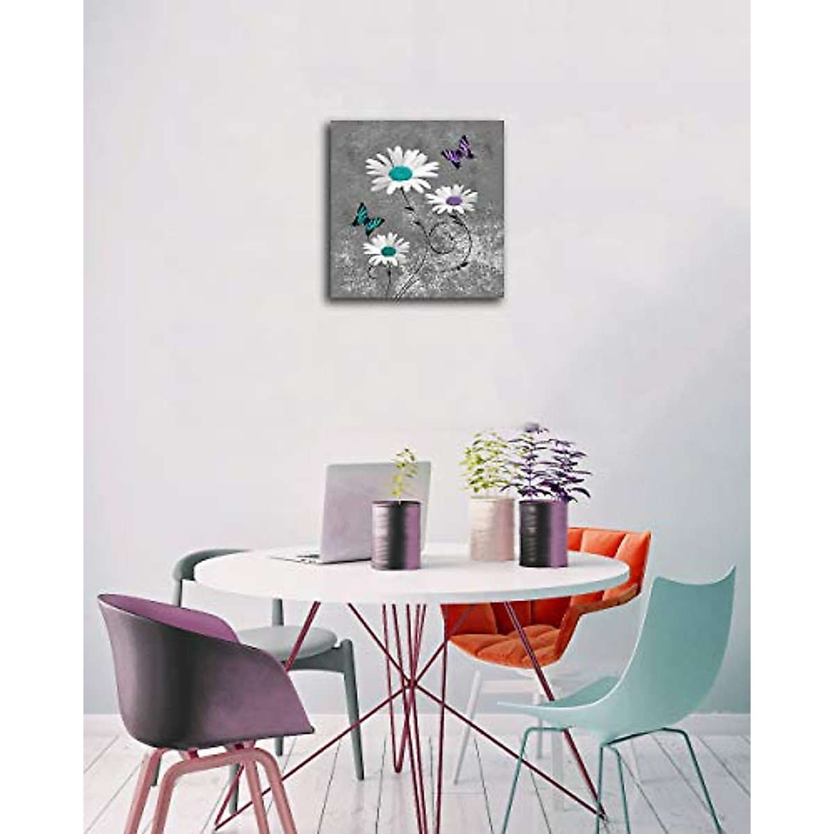 COLLA Canvas Print Wall Art Teal Purple Daisy Flower Butterflies Decorative Paintings Modern Home Wall Decor for Bedroom Living Room Bathroom Framed Ready to Hang 12x12 Inches